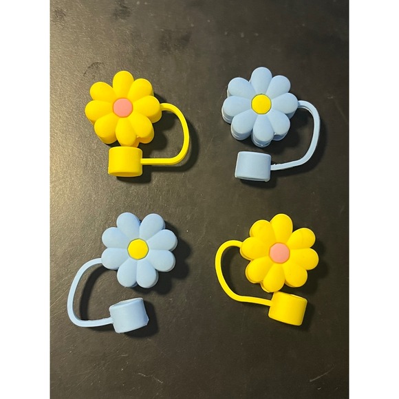 Dining | 4 Pack Daisy Flower Straw Toppers Reusable Silicone Straw ...